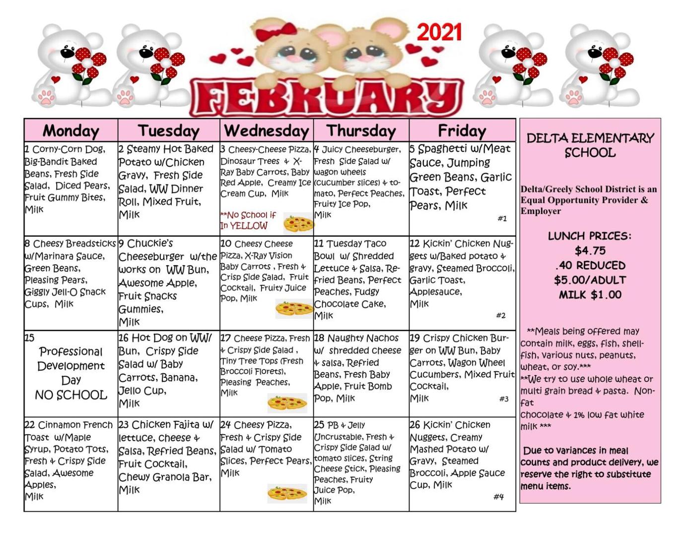 Delta Elementary School Lunch Menu Feb. 2021 | Delta Elementary School ...