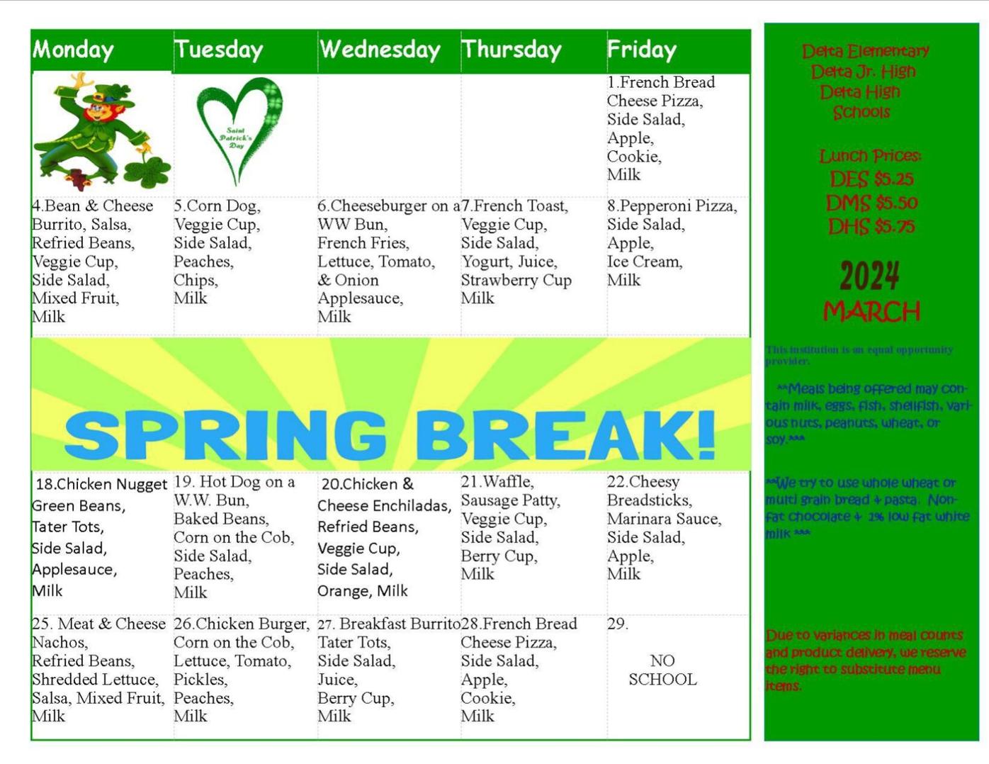 March School Lunch Menu | Schools | deltawindonline.com