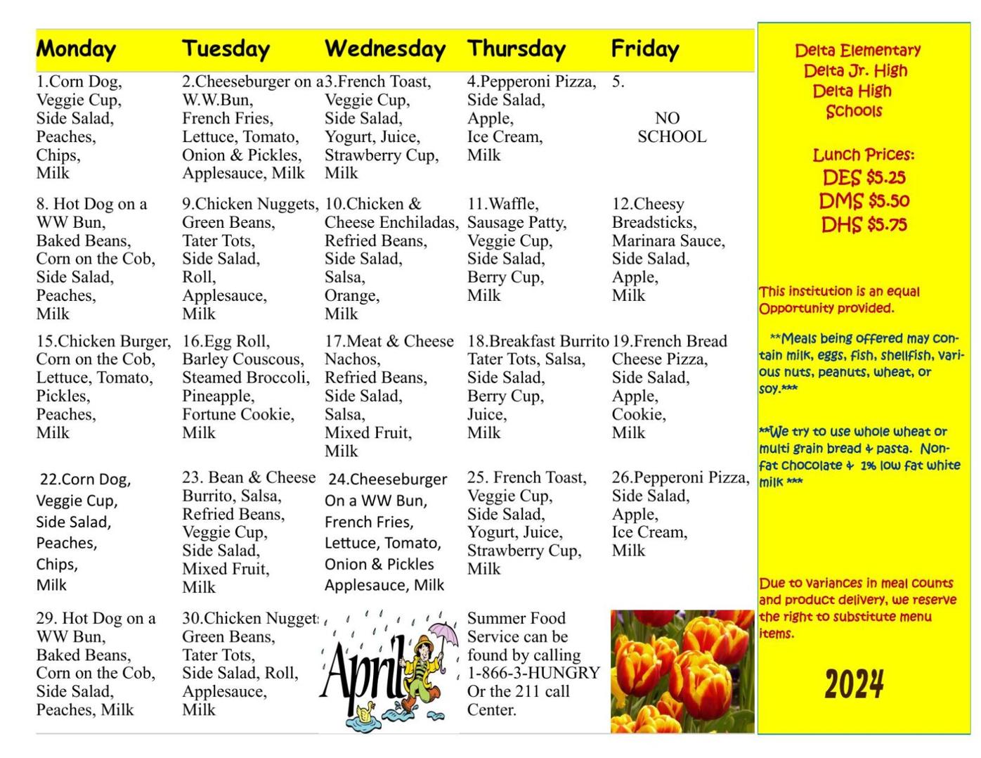 April School Lunch Menu | Schools | deltawindonline.com