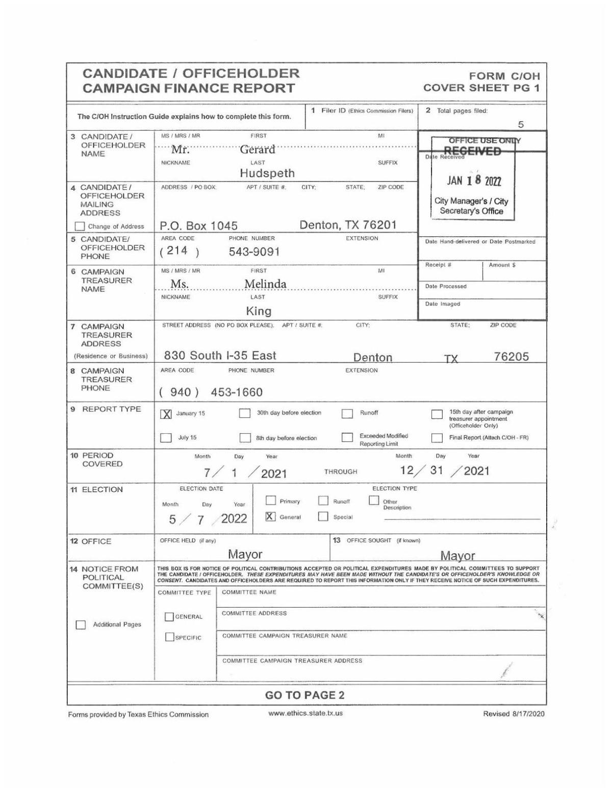 Gerard Hudspeth January 2022 Semi-Annual Campaign Finance Report ...