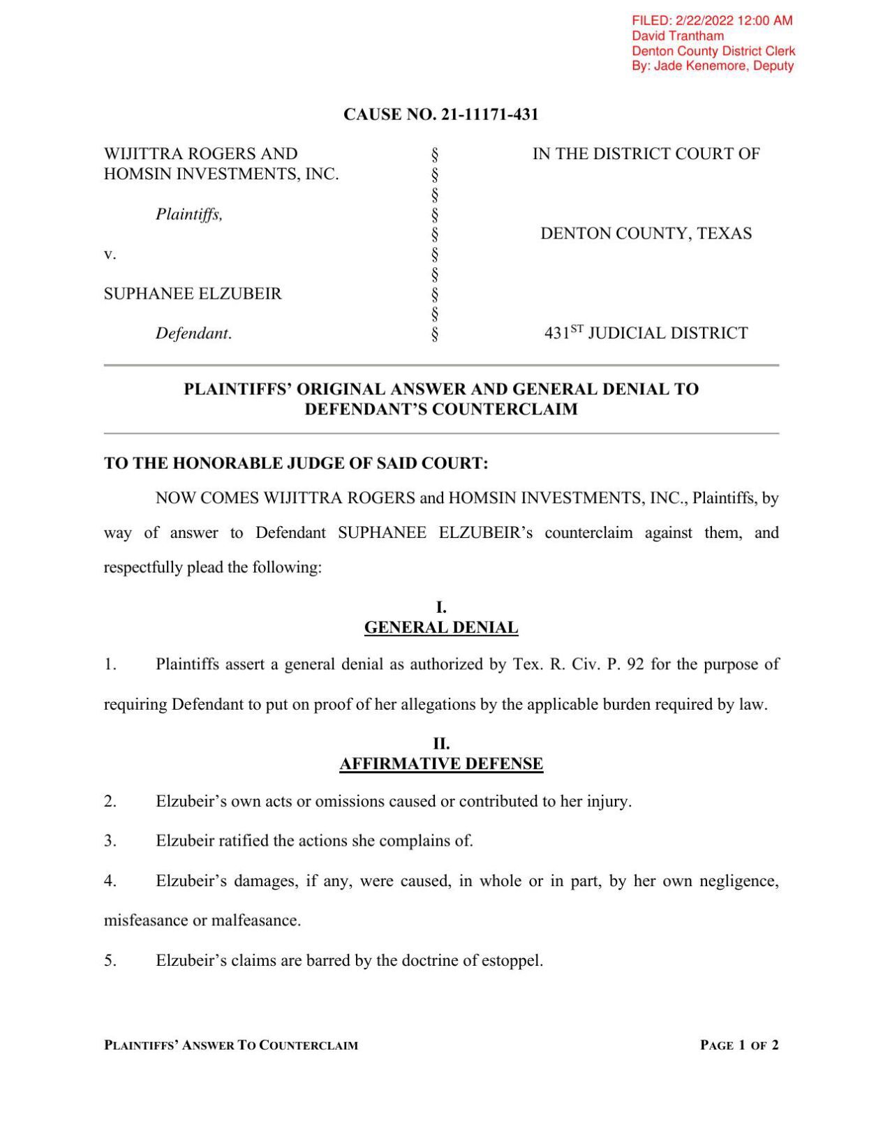 Plaintiffs Original Answer And General Denial To Defendants Plaintiffs Original Answer And General Denial To Defendants