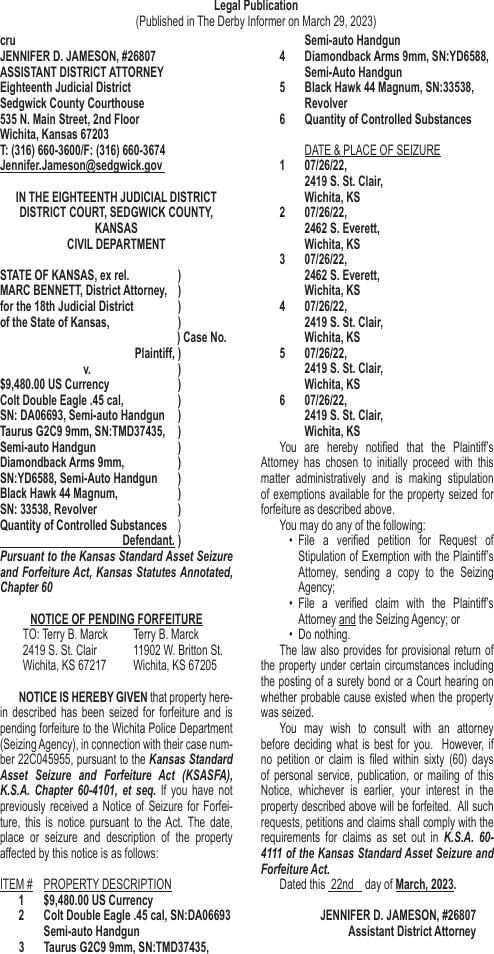 03-29-23: Notice of Pending Forfeiture - Marck 22C045955 WPD | Sedgwick ...