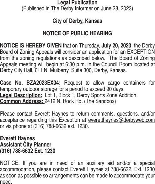 06-28-23: Notice of Public Hearing - Exception | City of Derby Public ...