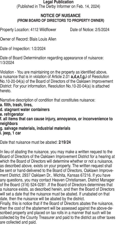 02-14-24: Notice of Nuisance - 4112 Wildflower | Public Notices/Legals ...