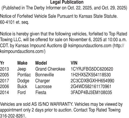 10-29-25: Notice of Forfeited Vehicle Sale | Public Notices/Legals ...