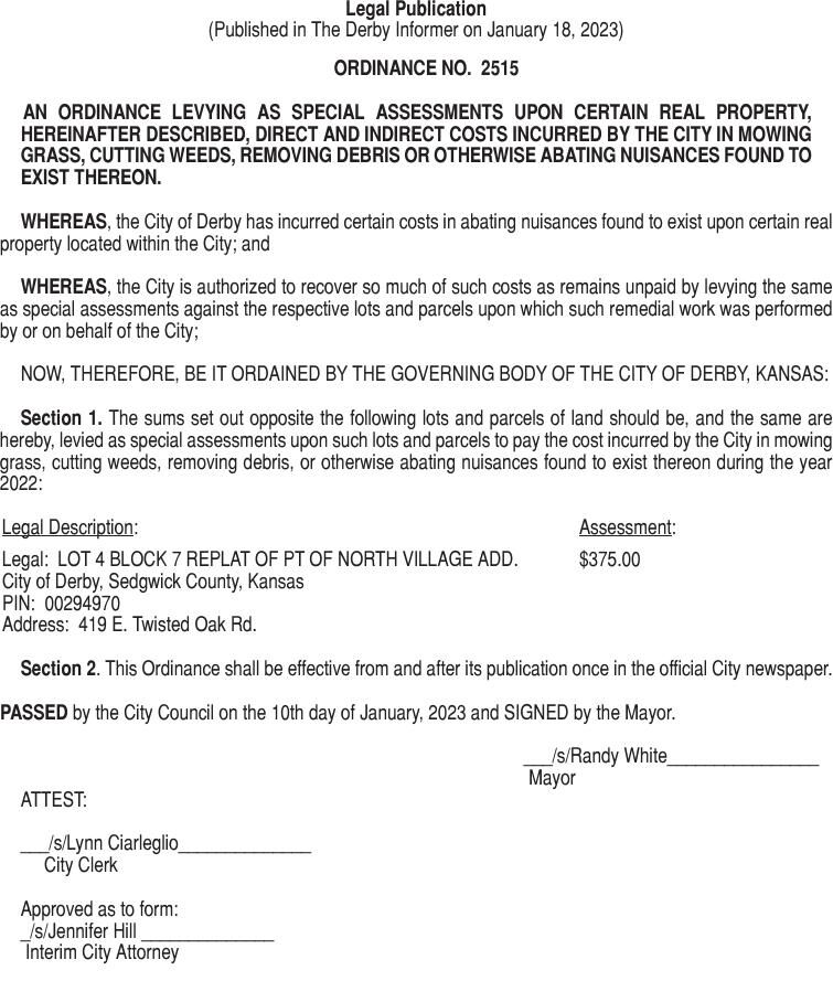01-18-23: Ordinance No. 2515 | City of Derby Public Notices | derbyinformer.com
