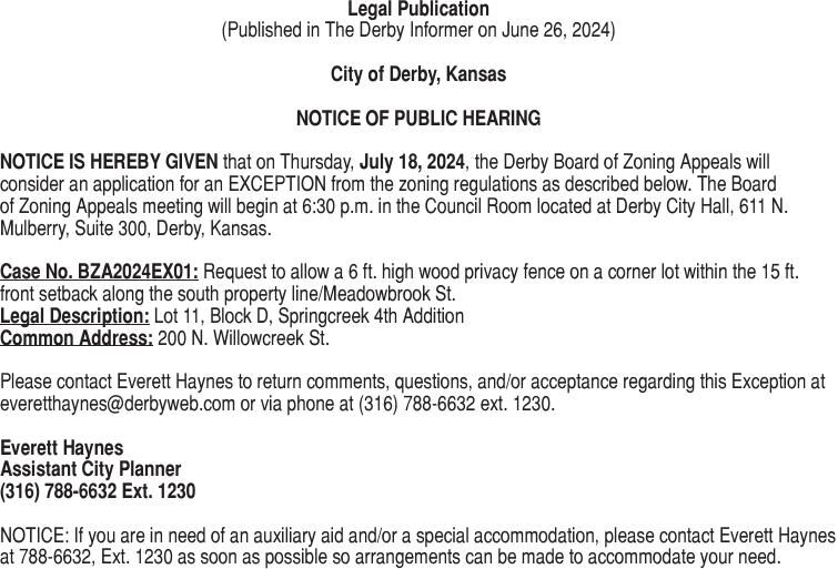 06-26-24: Notice of Public Hearing - Exception | City of Derby Public ...