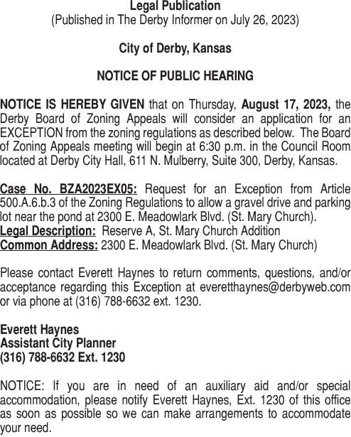 07-26-23: Notice of Public Hearing - Exception | City of Derby Public ...