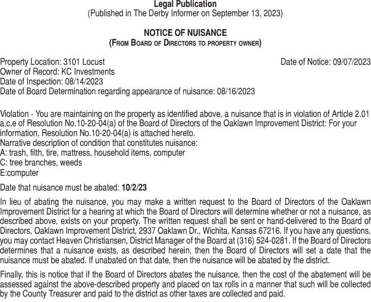 09-13-23: Notice of Nuisance - 3101 Locust | Public Notices/Legals | derbyinformer.com