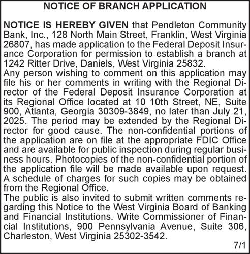 Revised Notice of Branch Application-Daniels | Notices | dnronline.com