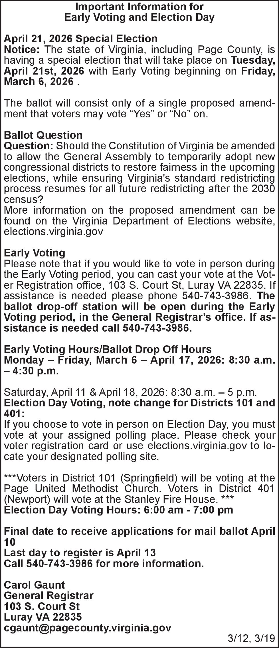 Early Voting and Election Day | Notices | dnronline.com