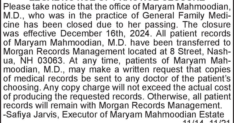 Closure of Physician's Office | Notices | dnronline.com