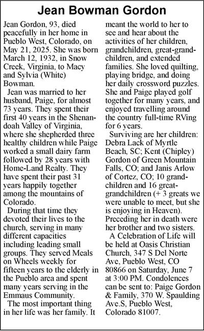 Jean Bowman Gordon | Obituaries | dnronline.com