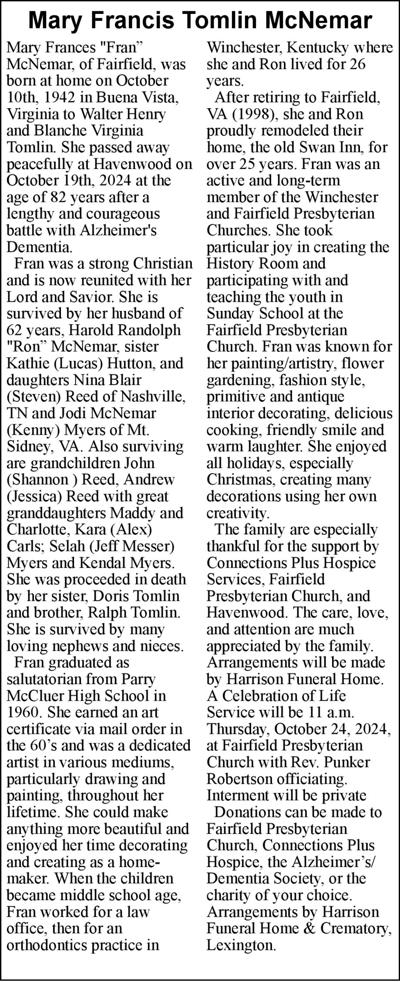 Mary Francis Tomlin McNemar | Obituaries | dnronline.com