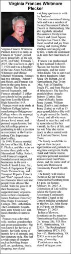 Virginia Frances Whitmore Plecker | Obituaries | dnronline.com