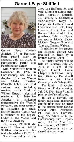 Garnett Faye Shifflett | Obituaries | dnronline.com
