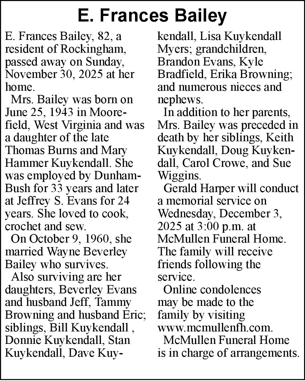 E. Frances Bailey | Obituaries | dnronline.com