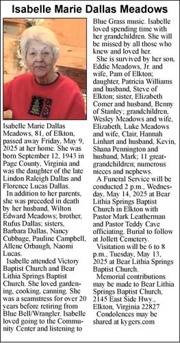 Isabelle Marie Dallas Meadows | Obituaries | dnronline.com
