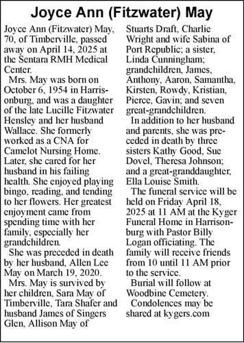 Joyce Ann (Fitzwater) May | Obituaries | dnronline.com