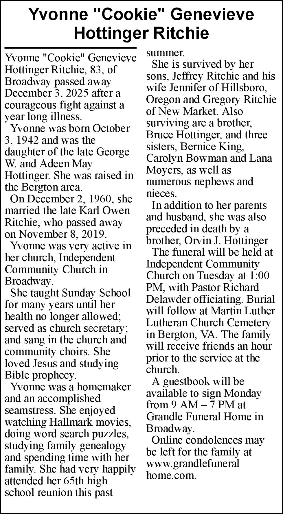 Yvonne "Cookie" Genevieve Hottinger Ritchie | Obituaries | dnronline.com