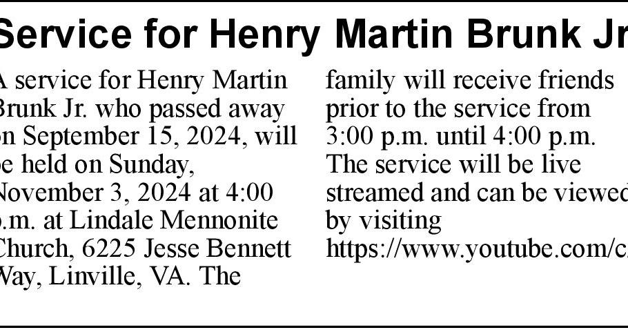 Service for Henry Martin Brunk Jr. | Obituaries | dnronline.com
