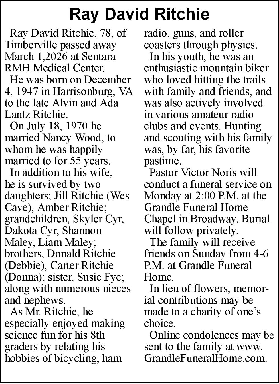 Ray David Ritchie | Obituaries | dnronline.com