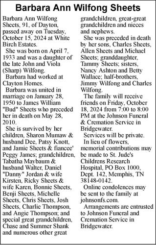 Barbara Ann Wilfong Sheets | Obituaries | dnronline.com