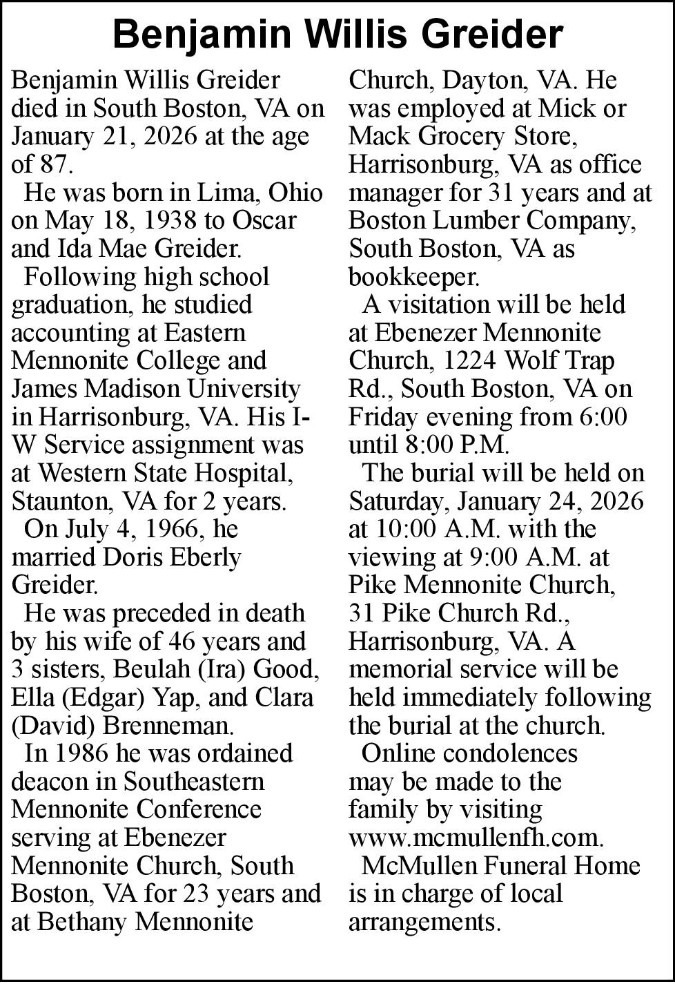 Benjamin Willis Greider | Obituaries | dnronline.com
