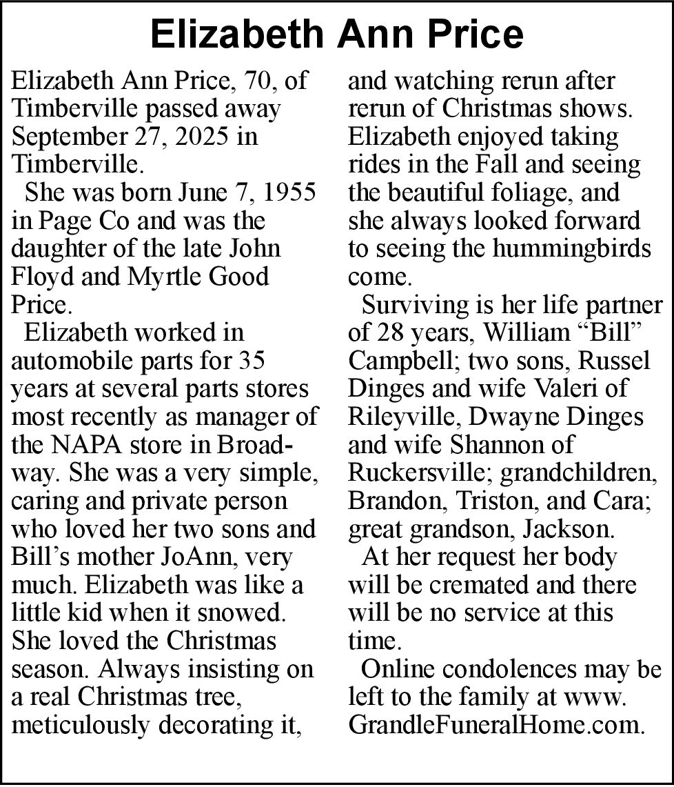 Elizabeth Ann Price | Obituaries | dnronline.com