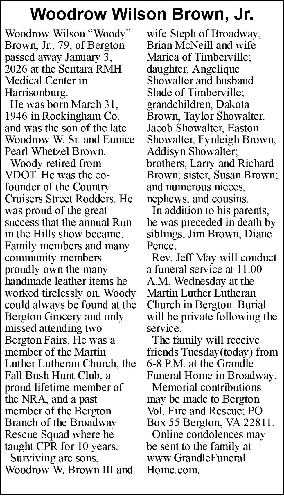 Woodrow Wilson Brown, Jr. | Obituaries | dnronline.com