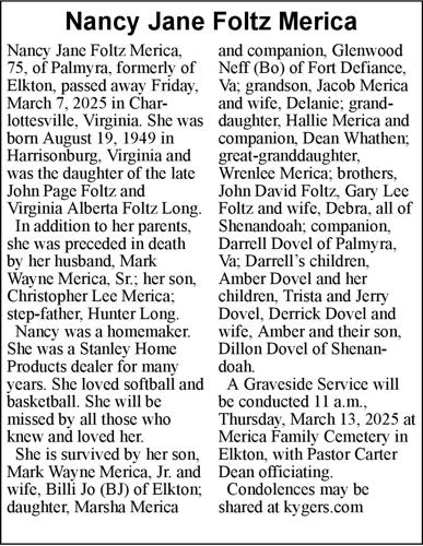 Nancy Jane Foltz Merica | Obituaries | dnronline.com