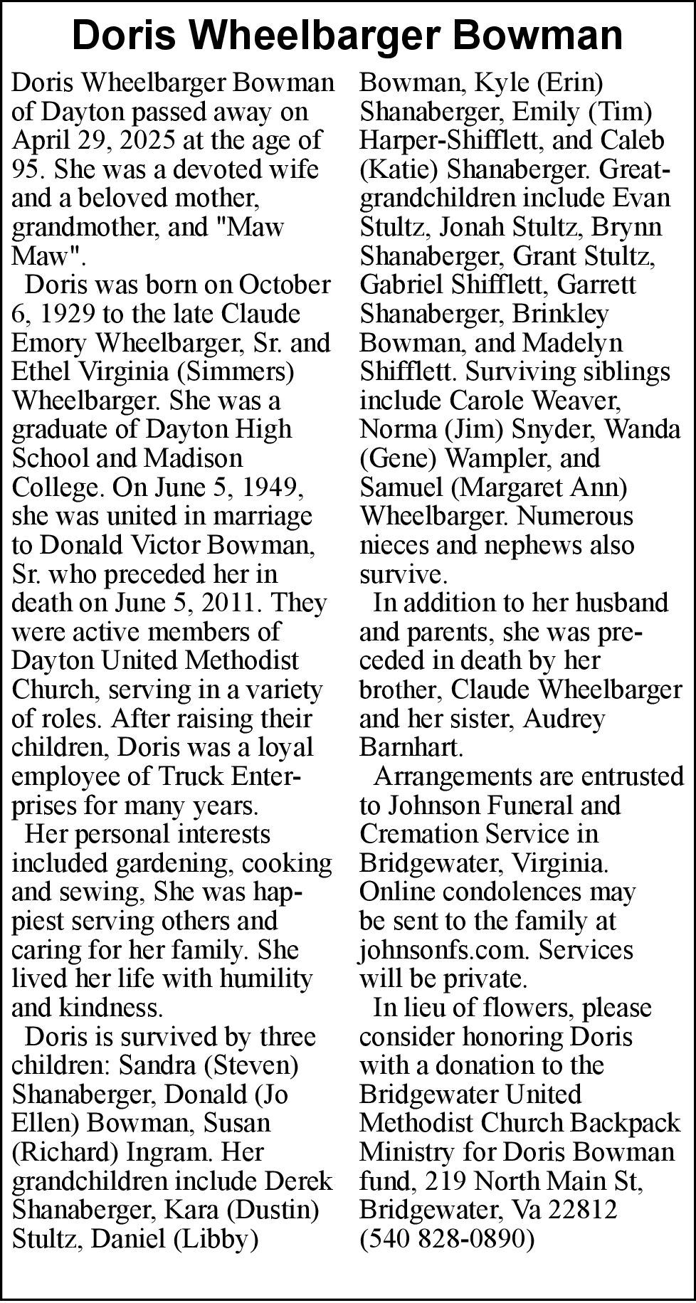 Doris Wheelbarger Bowman | Obituaries | dnronline.com