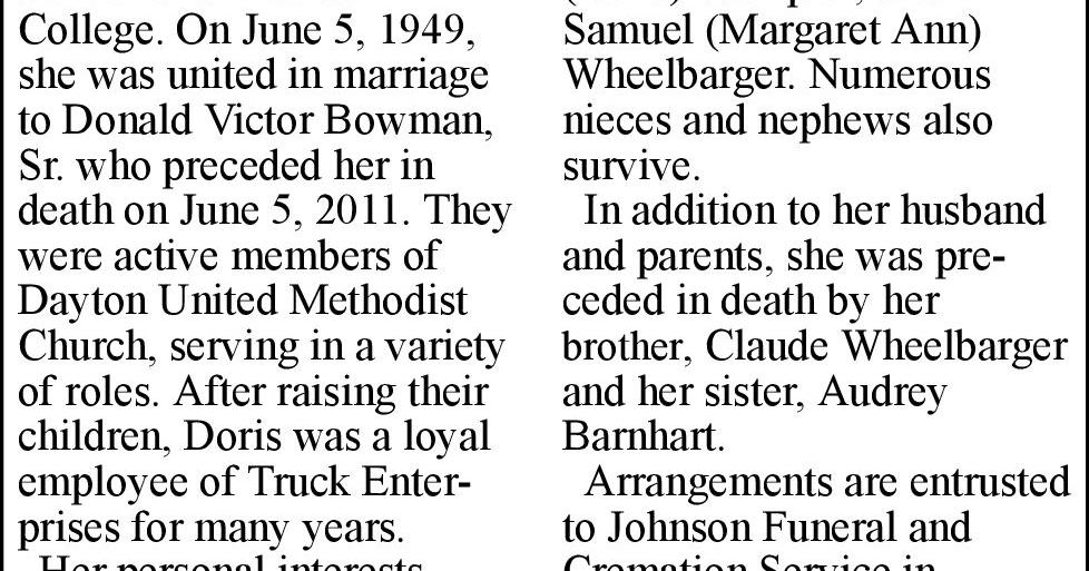 Doris Wheelbarger Bowman | Obituaries | dnronline.com