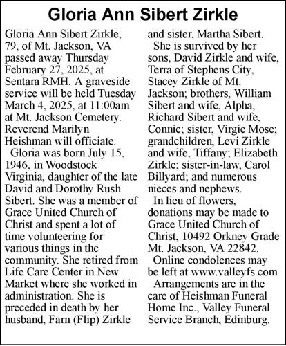 Gloria Ann Sibert Zirkle | Obituaries | dnronline.com
