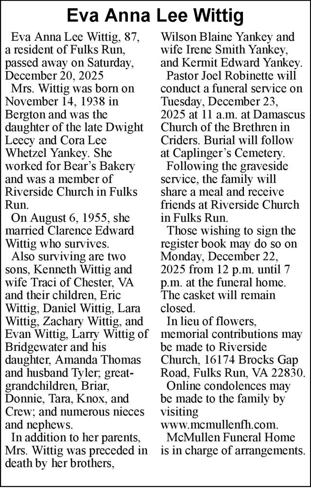 Eva Anna Lee Wittig | Obituaries | dnronline.com