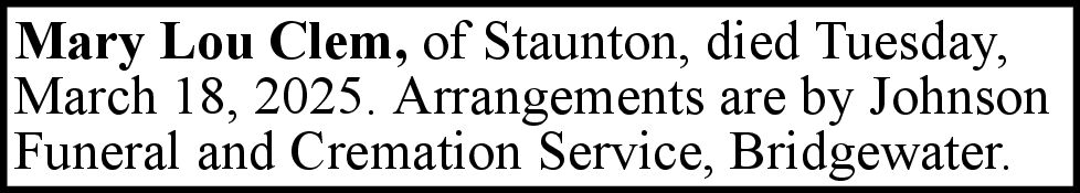 Mary Lou Clem | Obituaries | dnronline.com
