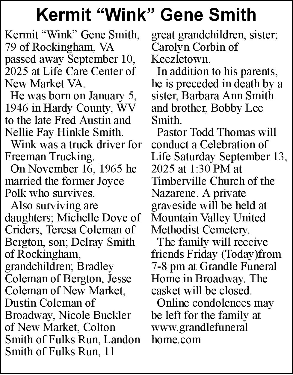 Kermit “Wink” Gene Smith | Obituaries | dnronline.com