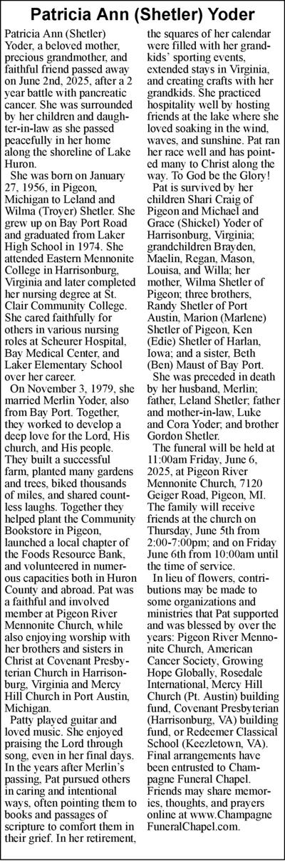 Patricia Ann (Shetler) Yoder | Obituaries | dnronline.com
