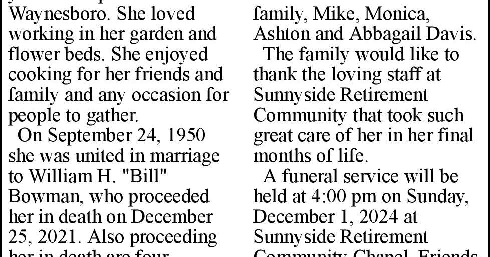 Vera Lee Marshall Bowman | Obituaries | dnronline.com