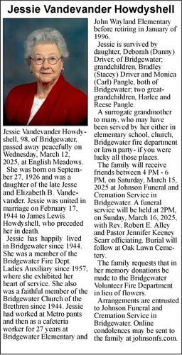 Jessie Vandevander Howdyshell | Obituaries | dnronline.com