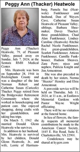 Peggy Ann (Thacker) Heatwole | Obituaries | dnronline.com