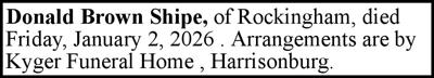 Donald Brown Shipe | Obituaries | dnronline.com