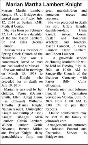 Marian Martha Lambert Knight | Obituaries | dnronline.com