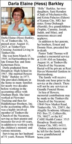 Darla Elaine (Hess) Barkley | Obituaries | dnronline.com