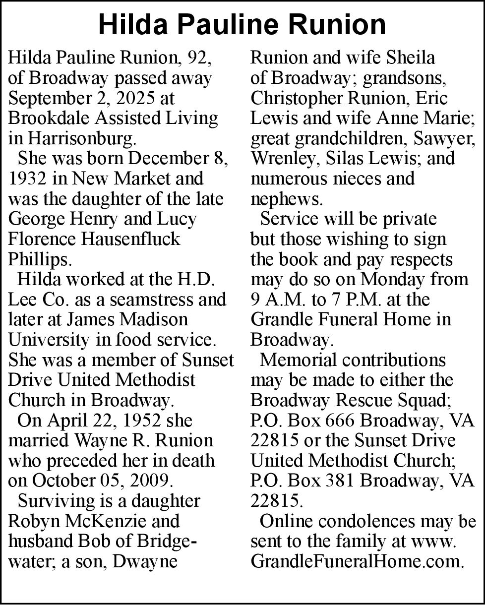Hilda Pauline Runion | Obituaries | dnronline.com