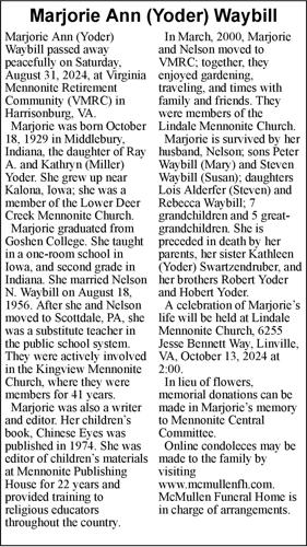 Marjorie Ann (Yoder) Waybill | Obituaries | dnronline.com