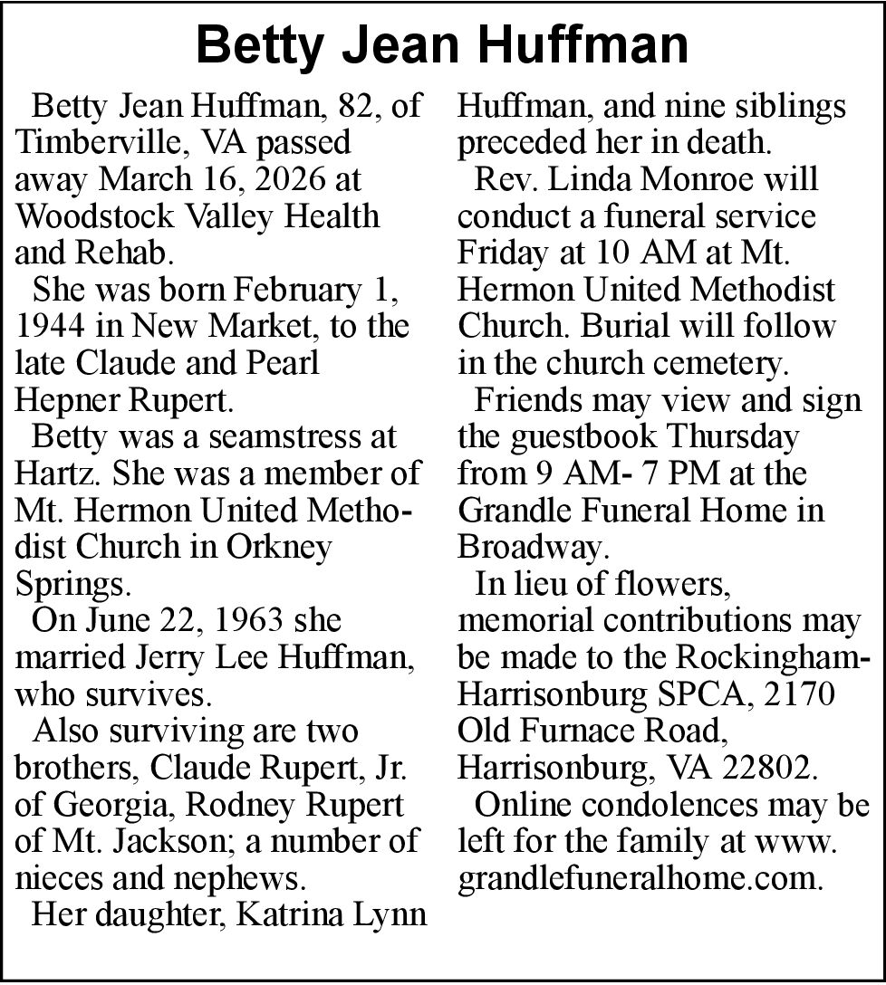 Betty Jean Huffman | Obituaries | dnronline.com