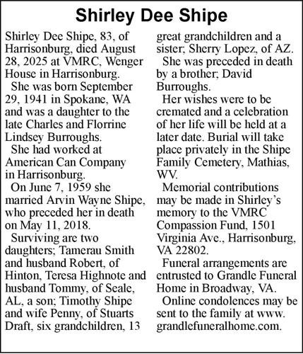 Shirley Dee Shipe | Obituaries | dnronline.com