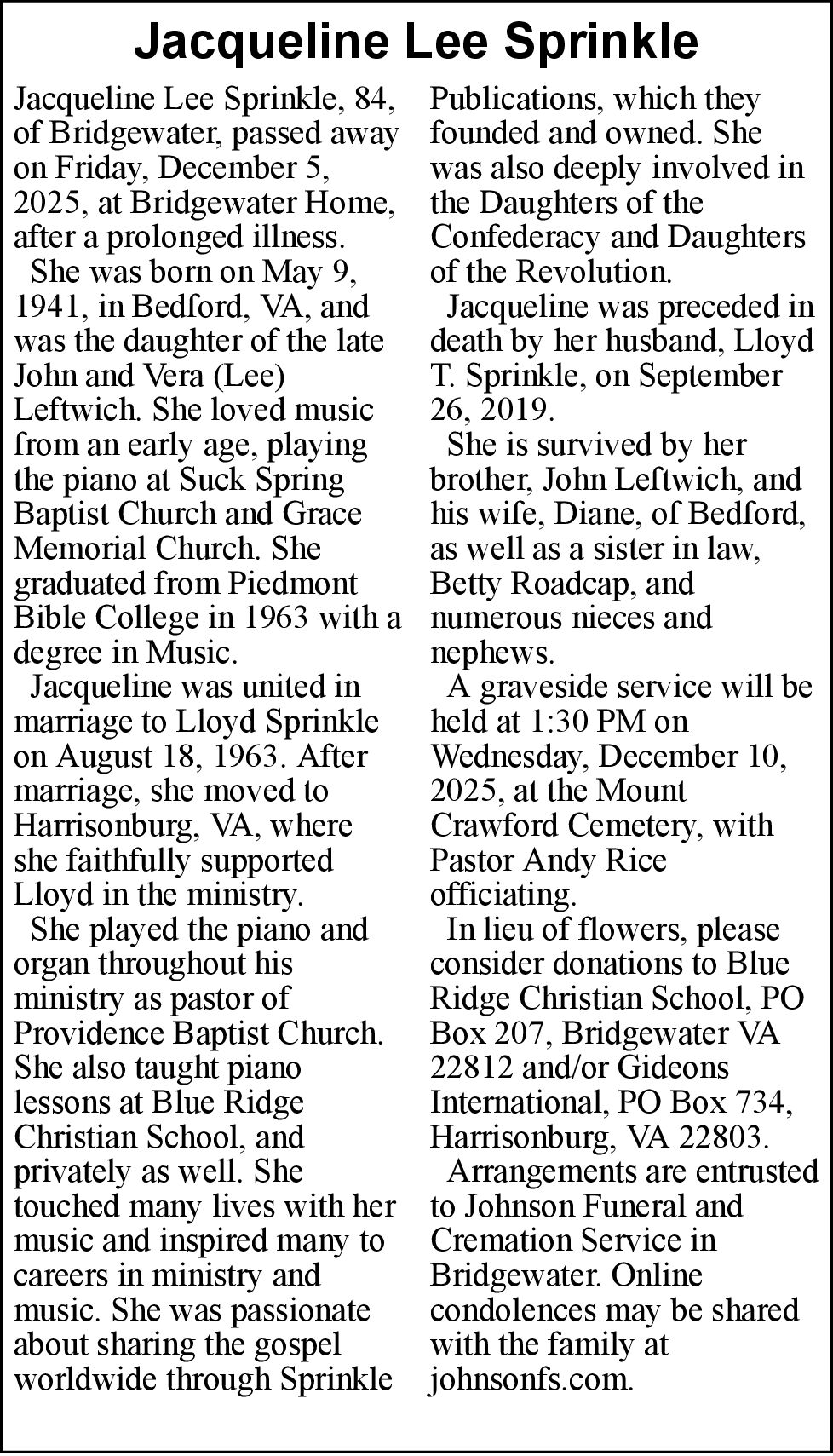 Jacqueline Lee Sprinkle | Obituaries | dnronline.com