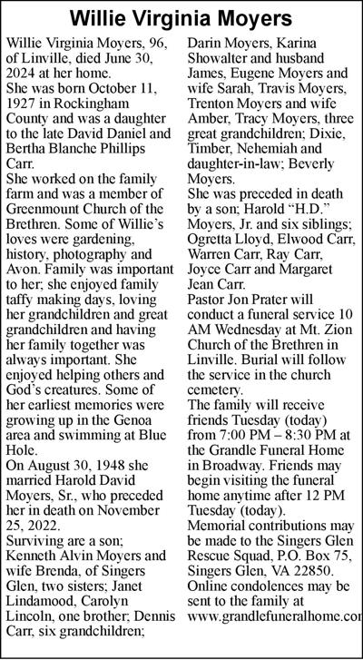 Willie Virginia Moyers | Obituaries | dnronline.com